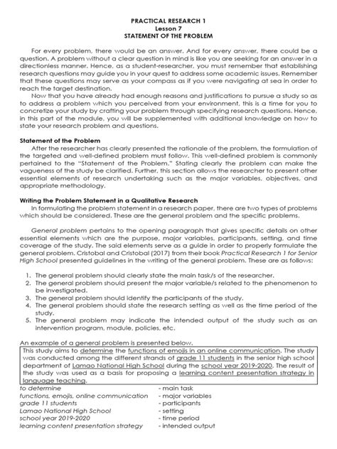 07 Practical Research 1 Statement Of The Problem Pdf Question Communication