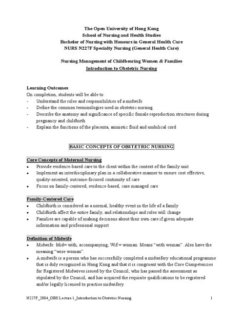 N227f 2004 Obs Lecture 1 Introduction To Obstetric Nursing Lecture Notes Pdf Pelvis