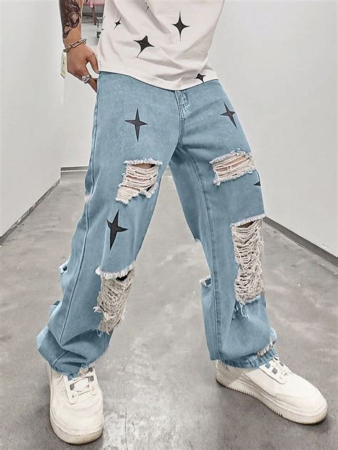 Men Cotton Star Print Ripped Loose Fit Jeans Denim Outfit Men