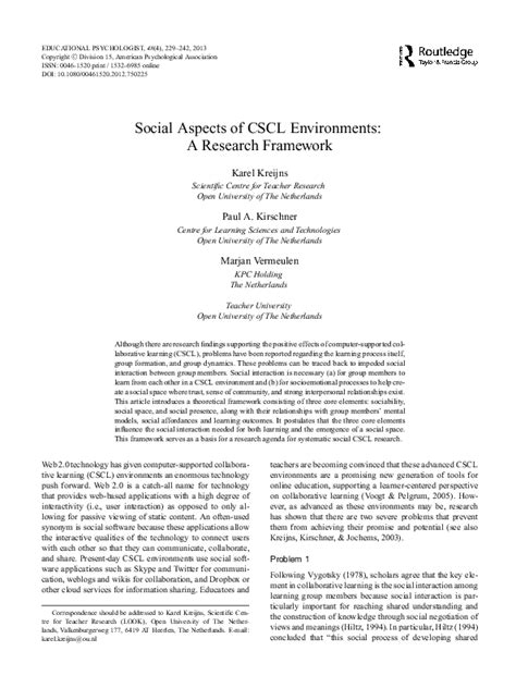 Pdf Social Aspects Of Cscl Environments A Research Framework Paul Kirschner