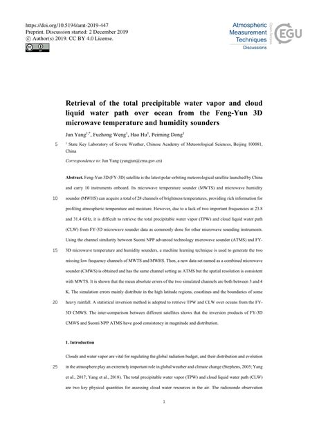Pdf Retrieval Of The Total Precipitable Water Vapor And Cloud Liquid Water Path Over Ocean