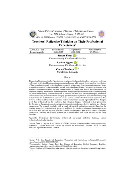 pdf teachers reflective thinking on their professional experiences