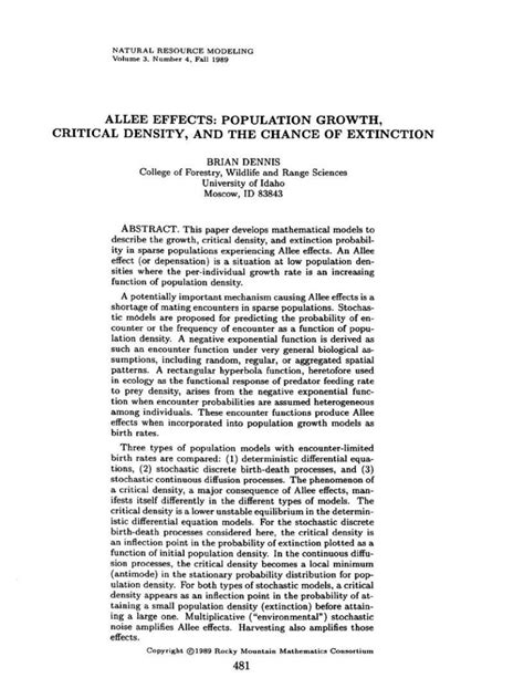 Pdf Allee Effects Population Growth Critical Density And The
