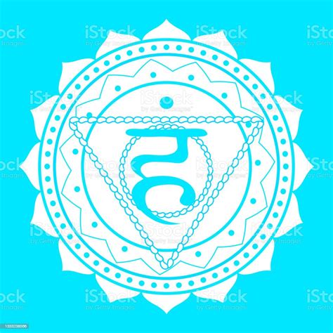 선화 비슈다의 다섯 번째 차크라 힌두교 산스크리트어와 목 차크라 블루는 명상 요가의 평평한 상징이다 벡터 난디에 대한 스톡 벡터