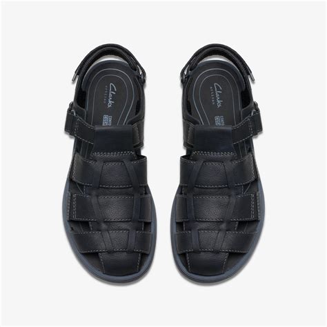 Mens Saltway Cove Black Leather Flat Sandals Walking Sandals Clarks