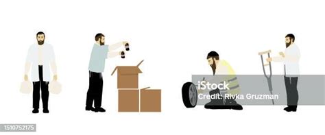 자선 활동을 하는 초정통파 종교 유대인 인물의 그림 빌린 의료 장비 사용법을 가르치고 도움이 필요한 사람들을 위해 음식 상자를 준비하고 펑크 난 타이어를 고치고 바퀴를