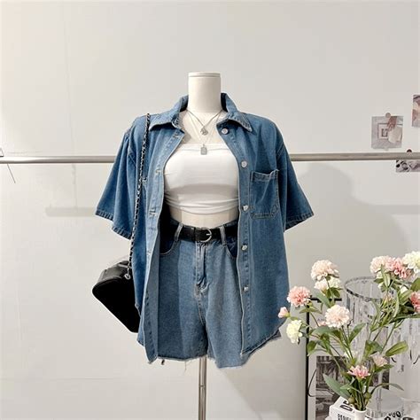 이프유마인 셔츠반바지set하이틴 여름 롤업 오버핏 버튼 데님 청 셔츠 남방 자켓 벨트 밴딩 A라인 와이드 반바지 숏팬츠 투피스 세트