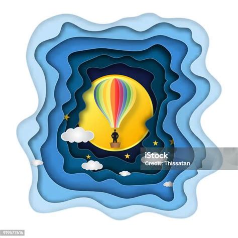 다채로운 뜨거운 공기 풍선 풀 문 구름과 별 종이 예술과 공예 스타일 개념으로 어두운 밤에 있는 실업가의 종이 접기 층 마천루 벡터 일러스트 레이 터 계절에 대한 스톡 벡터