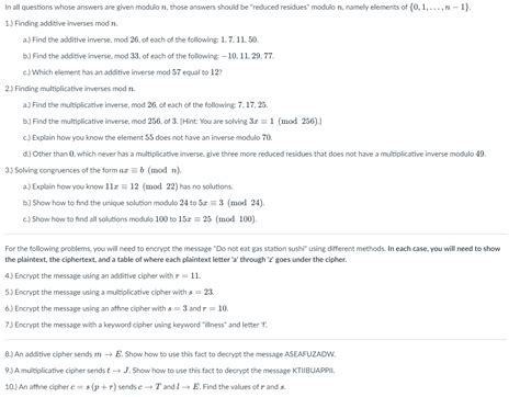 Solved In All Questions Whose Answers Are Given Modulo N Chegg