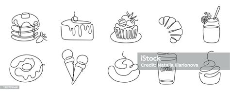 온티한 한 줄 아트 카페 요소세트 선형 스타일과 손으로 그린 로고 카페와 베이커리 컨셉 낙서 드로잉에 대한 스톡 벡터 아트 및 기타 이미지 Istock