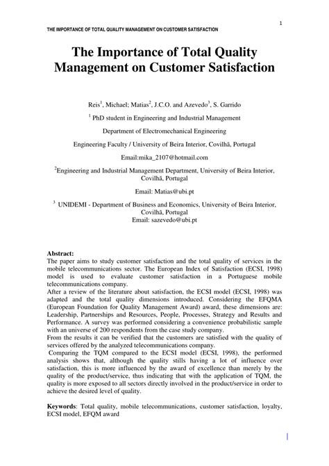 Pdf The Importance Of Total Quality Management On Customer Satisfaction The Importance Of