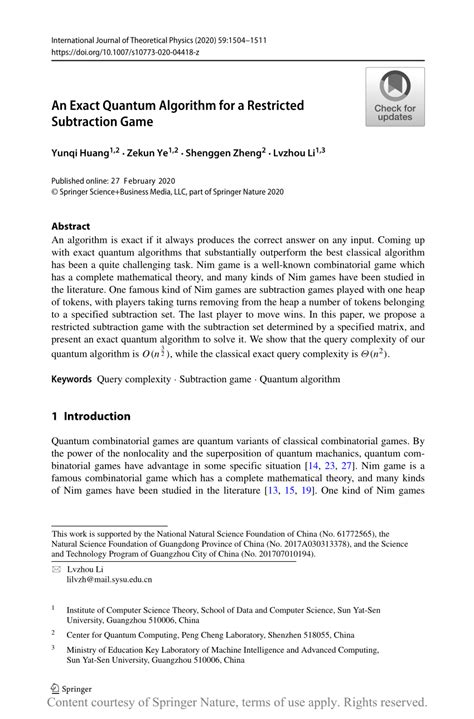 An Exact Quantum Algorithm For A Restricted Subtraction Game Request Pdf