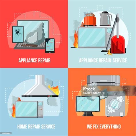 현대 평면 수리 서비스 개념 손상 소비자 전자 가전 벡터 배너 세트 깨진 가정 상품중소 기업 우대 배너 개념 복사 공간을 사용할 준비가 배기팬에 대한 스톡 벡터 아트 및