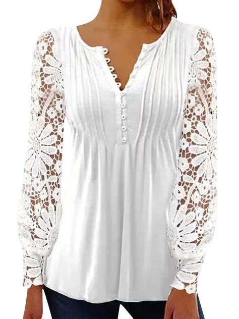 Starvnc Women Floral Print V Neck Buttons Lace Long Sleeve Top