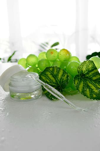 밝은 배경에 포도가있는 투명한 병에 얼굴 크림을 보습 천연 화장품 개념 복사 공간이 있는 수직 사진 개념에 대한 스톡 사진 및 기타 이미지 Istock