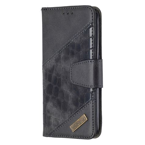 삼성 갤럭시 A01 일치하는 색상 악어 질감 수평 플립 Pu 가죽 케이스 지갑 및 홀더 및 카드 슬롯 블랙