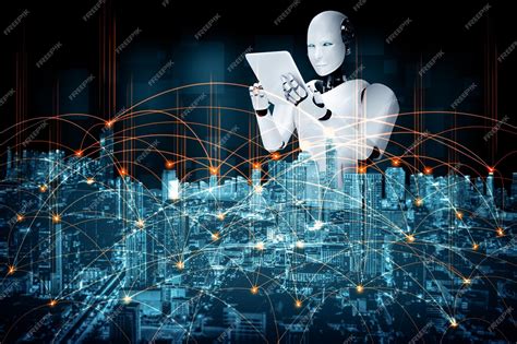 premium photo xai robot humanoid using tablet computer for global