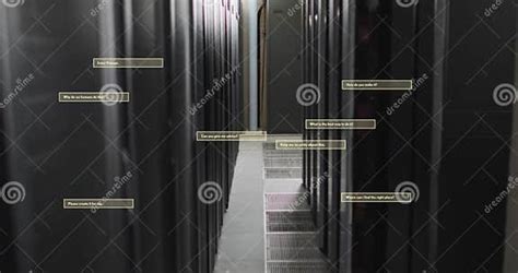 Image Of Ai Interface Dialogue Boxes Over Computer Server Room Stock