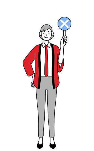 빨간 해피 코트를 입은 노파가 오답을 나타내는 X가 적힌 플래카드를 들고 있다 고용과 노동에 대한 스톡 벡터 아트 및 기타