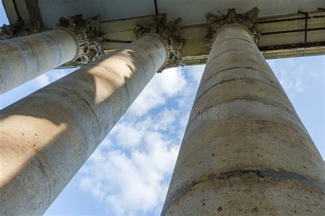 Stone Columns In Portico Of Facade Medieval Church Bottom View Stock