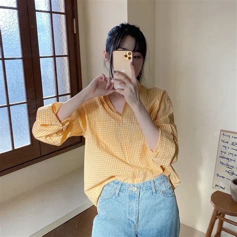 때깔닷컴 사각 미니체크 루즈핏 여자 긴팔 남방 위시버킷