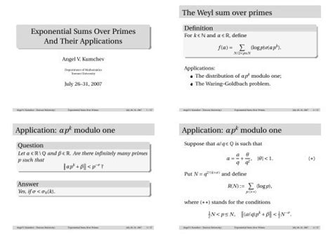Exponential Sums Over Primes And Their Applications