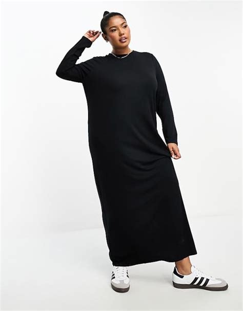 Asos Design Curve Long Sleeve Maxi T Shirt Dress In Black Asos
