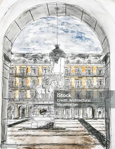 아름다운 아치 밑의 통로 안에 동상과 역사적인 건물이있는 마드리드 도시 광장 광장 의 건축 손으로 그린 그림 3차원 형태에 대한 스톡 벡터 아트 및 기타 이미지 Istock