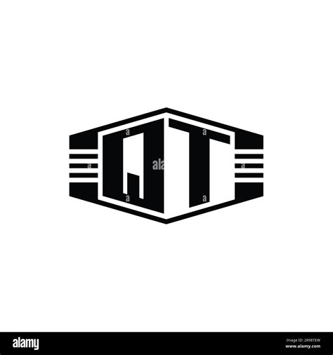 QT Letter Logo Monogram Hexagon Emblem Shape With Stripes Outline Style Design Template Stock