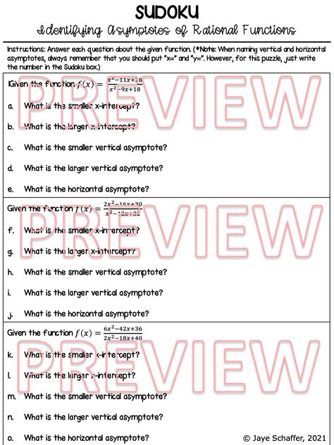 Identifying Asymptotes Of Rational Functions Diagonal Sudoku Puzzle Made By Teachers