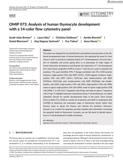 Pdf Omip 073 Analysis Of Human Thymocyte Development With A 14‐color