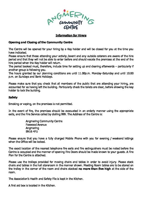 Hiring Form Information For Hirers Angmering Community Centre