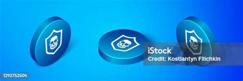 파란색 배경에 격리 된 해적 두개골 아이콘이있는 등색 방패 파란색 원 버튼입니다 벡터 3차원 형태에 대한 스톡 벡터 아트 및 기타 이미지 3차원 형태 가공의 인물 검