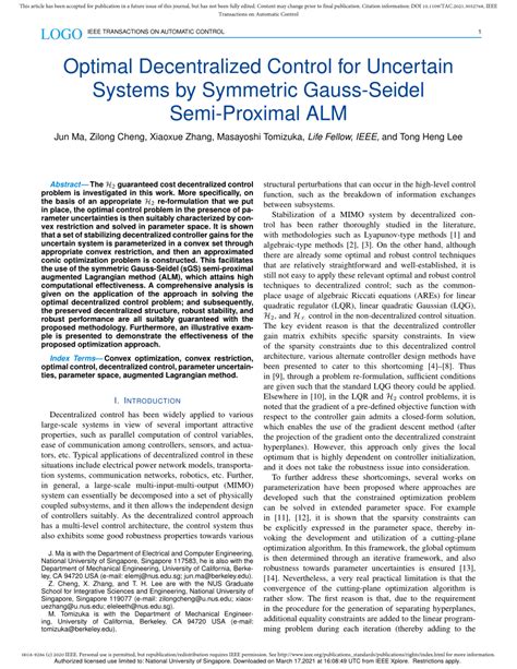 Pdf Optimal Decentralized Control For Uncertain Systems By Symmetric Gauss Seidel Semi