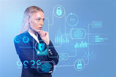 Pensive Businesswoman And Cybersecurity Chart With Statistics And Data Privacy Stock