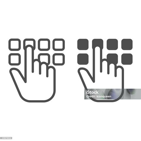 버튼 선과 단색 아이콘이있는 손 포인터 해커 공격 개념 벡터 그래픽 핀 코드 버튼 푸시 및 손 손가락 기호 흰색 배경 모바일 또는 웹 디자인용 윤곽선 스타일 아이콘
