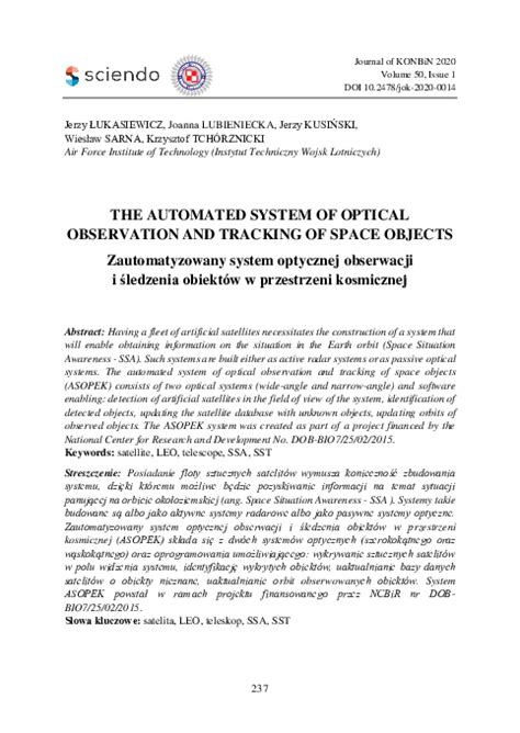 pdf the automated system of optical observation and tracking of space