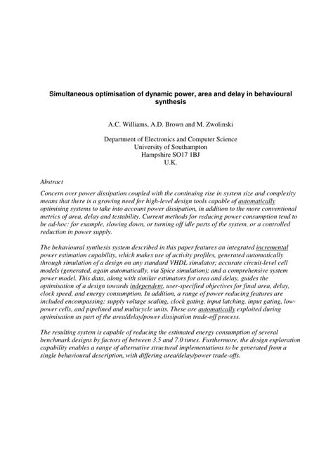 pdf simultaneous optimisation of dynamic power area and delay in