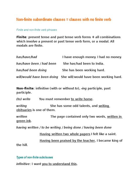 Non Finite Clauses Clause Verb