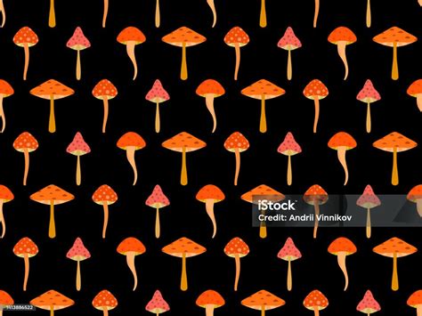 버섯 이음새가 없는 무늬 검은 색 배경에 빨간 모자가있는 버섯 두꺼비 도구 유독 한 버섯 및 비행 Agarics 포스터 배너 및 판촉 품목을위한 디자인 벡터 일러스트 레이