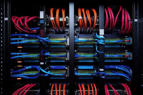 Premium Photo Server Rack With Colored Internet Patch Cord Cables Connected To Patch Panel In