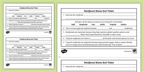 Rainforest Biome Exit Ticket For 6th 8th Grade Twinkl