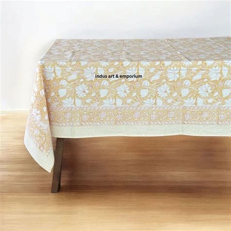 Floral Tablecloth With White Lotus Pattern Beige And White Border Design Rectangular Table