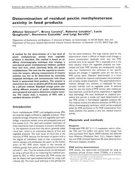 Pdf Determination Of Residual Pectin Methyl Esterase Activity In Food Products
