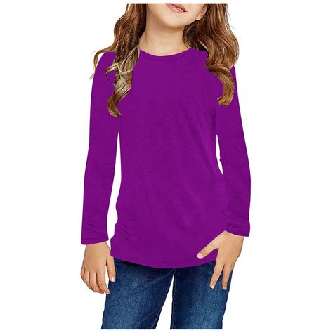 Elvqul Tops For Girls Long Sleeve Comfy Cute Round Neck Purple Plain