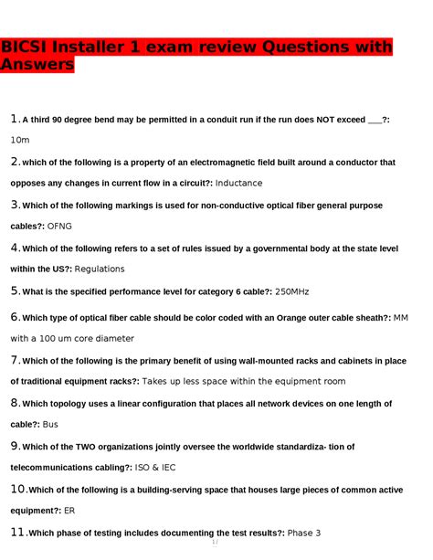 bicsi installer 1 exam review questions with answers exams electrical