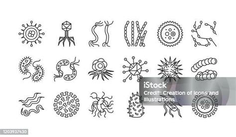 바이러스 검은 선 아이콘 설정 호흡기 감염 박테리아 미생물 징후 현미경 세균은 질병 개념을 일으키는 원인이 됩니다 웹 모바일 앱용 픽토그램 Ui Ux 디자인 요소 편집