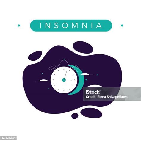 초승달 별 구름 시계는 밤에 어두운 푸른 하늘 풍경에 달을 상징한다 텍스트와 수면 장애 또는 불면증 개념 벡터 일러스트레이션 흰색 배경에 고립 된 현대적인 평면 디자인 벽
