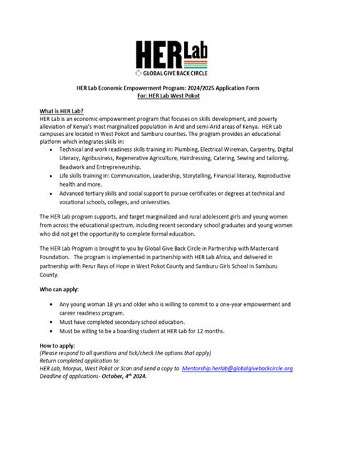 Her Lab Application Form 2024 For Boarding Participants Pdf