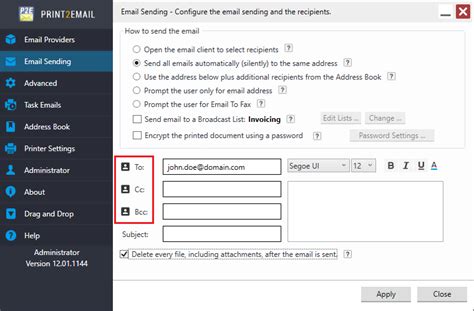 specifying recipients email subject and email body